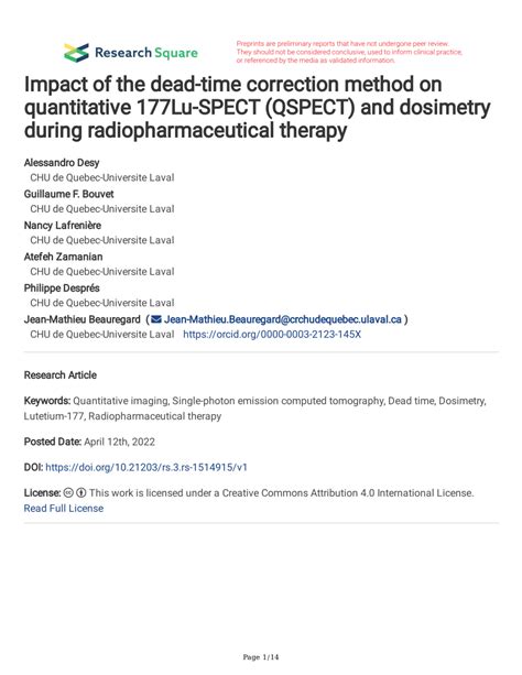 Pdf Impact Of The Dead Time Correction Method On Quantitative 177lu Spect Qspect And