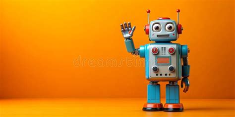 Cute Retro Robot Waving Hello On Orange Background Generative Ai Stock Illustration