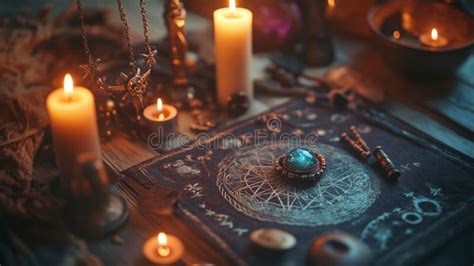 A Mystical Altar Adorned With Candles Crystals And Ancient Artifacts