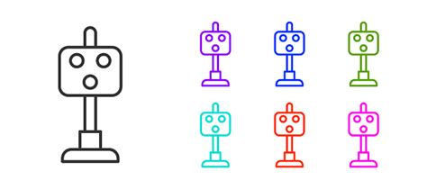 흰색 배경에 격리 된 검은 줄 기차 신호등 아이콘 열차의 움직임을 조절하기 위한 신호등 다채로운 아이콘을 설정합니다 벡터 0명에