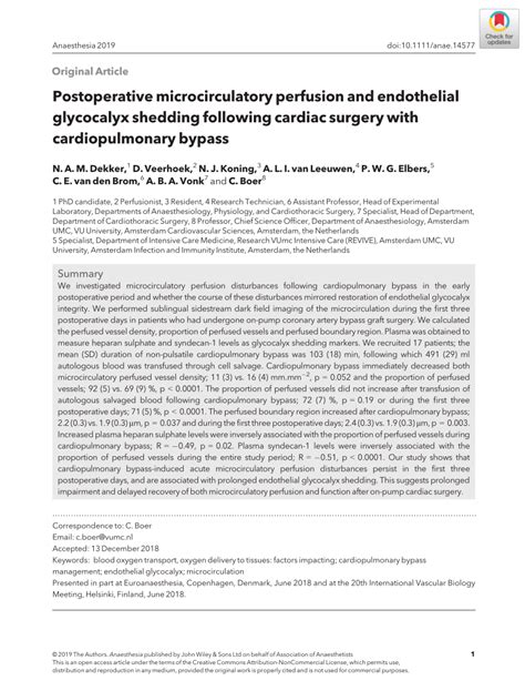 PDF Postoperative Microcirculatory Perfusion And Endothelial Glycocalyx Shedding Following