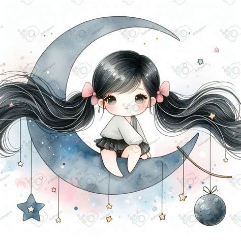 بک گراند کودکانه دختر کوچولوی ناز با موهای رها در باد نشسته روی ماه کد