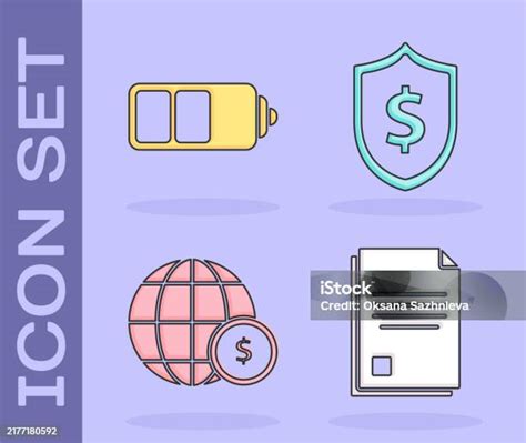 파일 문서 배터리 충전 수준 표시기 달러 기호가 있는 지구 지구 및 달러 기호 아이콘이 있는 방패를 설정합니다 벡터 계기판 측정기에 대한 스톡 벡터 아트 및 기타 이미지