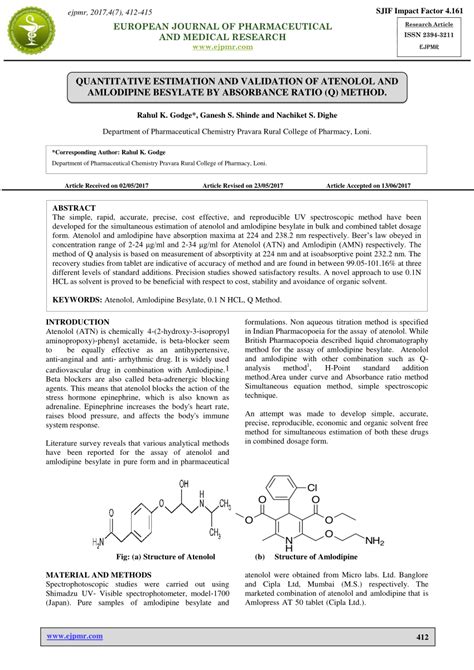 Pdf Quantitative Estimation And Validation Of Atenolol And Amlodipine Besylate By Absorbance