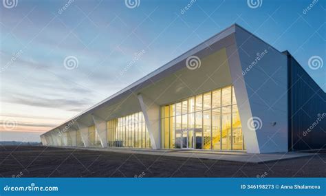 Modern Industrial Warehouse With Slanted Roof And Large Glass Windows