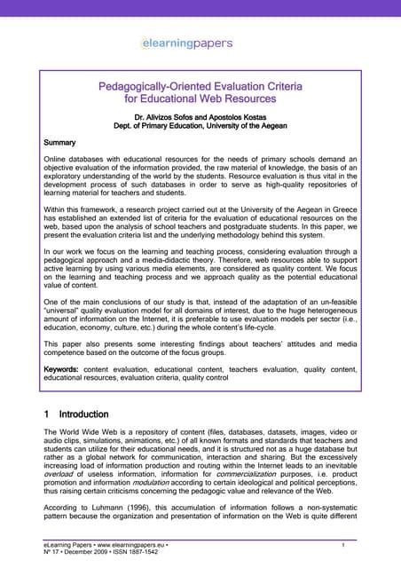 Pedagogically Oriented Evaluation Criteria For Educational Web Resources Pdf Internet