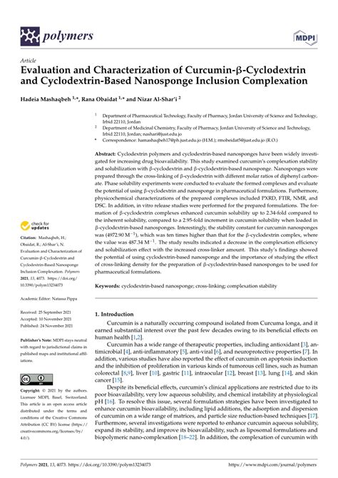 Pdf Evaluation And Characterization Of Curcumin β Cyclodextrin And Cyclodextrin Based