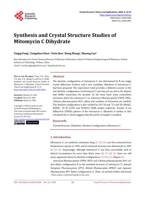Pdf Synthesis And Crystal Structure Studies Of Mitomycin C Dihydrate