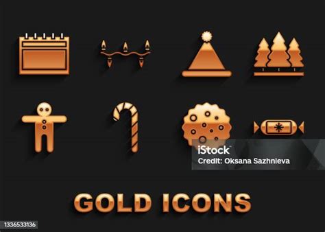 줄무늬 나무 사탕 쿠키 또는 비스킷 초콜릿 홀리데이 진저 브레드 남자 쿠키 산타 클로스 모자 캘린더 및 조명 아이콘크리스마스 사탕 지팡이를 설정합니다 벡터 0명에 대한 스톡