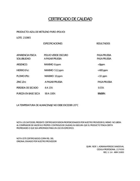 Certificado De Calidad Azul De Metileno Mexico