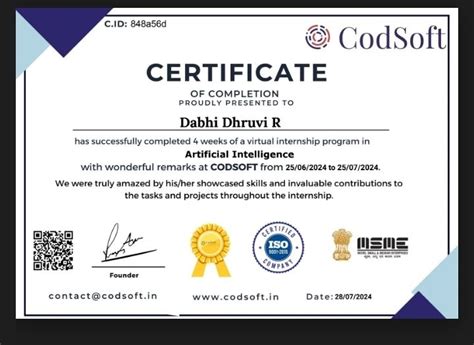 Dabhi Dhruvi On Linkedin Ai Python Internship Thankyou Codsoft Artificialintelligent Ai