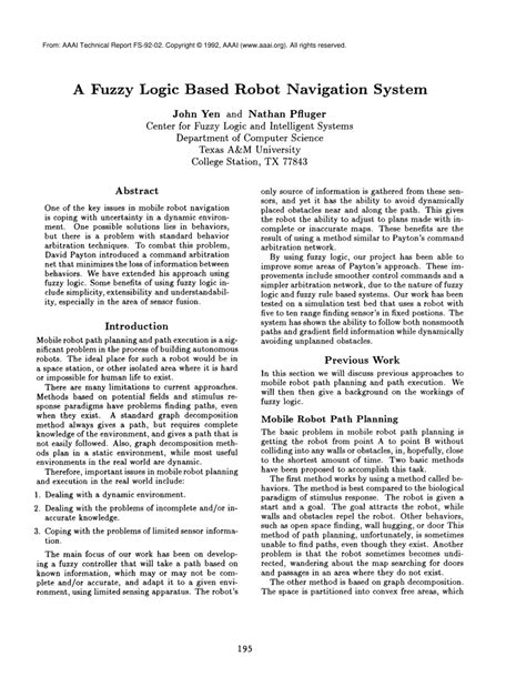 Pdf A Fuzzy Logic Based Robot Navigation System