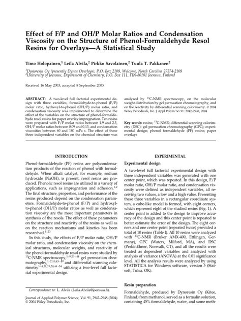Effect Of F P And Oh P Molar Ratios And Condensation Viscosity On The