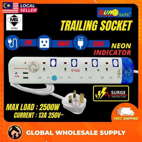 [ready Stock] Sirim Eurosafe 2mtr Surge Protection Extension 4 Way 2 Usb Port Extension Usb