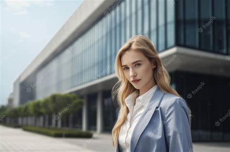 Premium Photo Young Shy Blonde Girl In Business Attire Standing In
