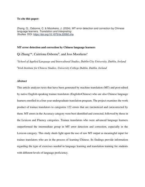 Pdf Mt Error Detection And Correction By Chinese Language Learners