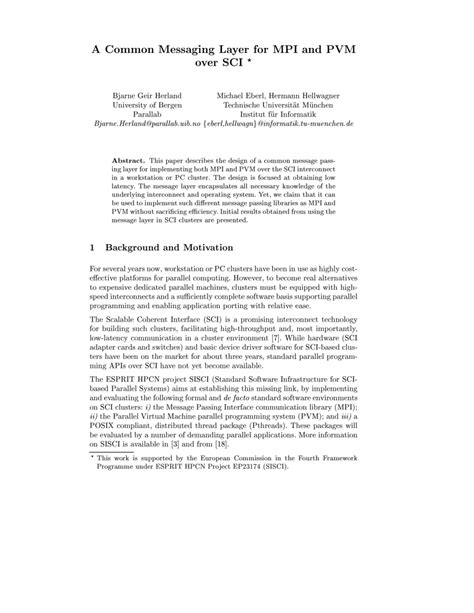 Pdf A Common Messaging Layer For Mpi And Pvm Over Sci