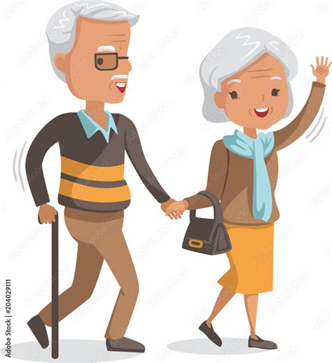 Older Couples Walking Hand In Hand Elderly Man Walks With A Cane Old