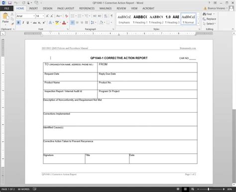 Corrective Action Report Iso Template
