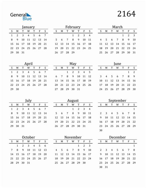 Year 2164 Free Printable 12 Month Calendar