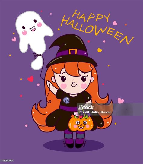 호박 바구니와 풍선 유령을 들고 귀여운 할로윈 마녀 유령과 취급과 아름다운 드레스에 아기 소녀 캐릭터 만화의 벡터 그림 작은 가와이 마녀 캐릭터 만화 10월에 대한 스톡