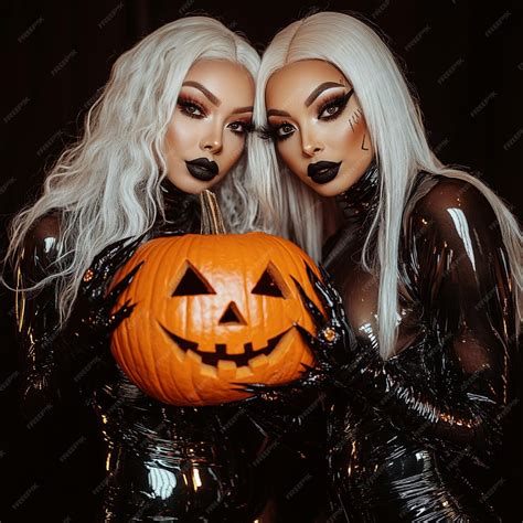 Two Women Wearing Halloween Costumes Hold A Pumpkin Premium Ai