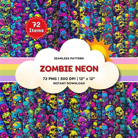 Zombie Neon Seamless Pattern Neon Halloween Digital Papers Halloween