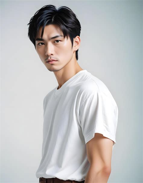 Professional Japanese Male Model Exuding Confidence Against A Neutral