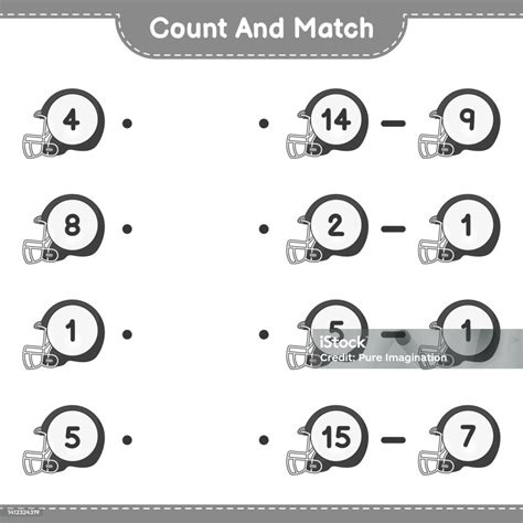 카운트와 매치 축구 헬멧의 수를 계산하고 올바른 숫자와 일치 교육 어린이 게임 인쇄 가능한 워크 시트 벡터 일러스트 레이 션 0명에 대한 스톡 벡터 아트 및 기타 이미지