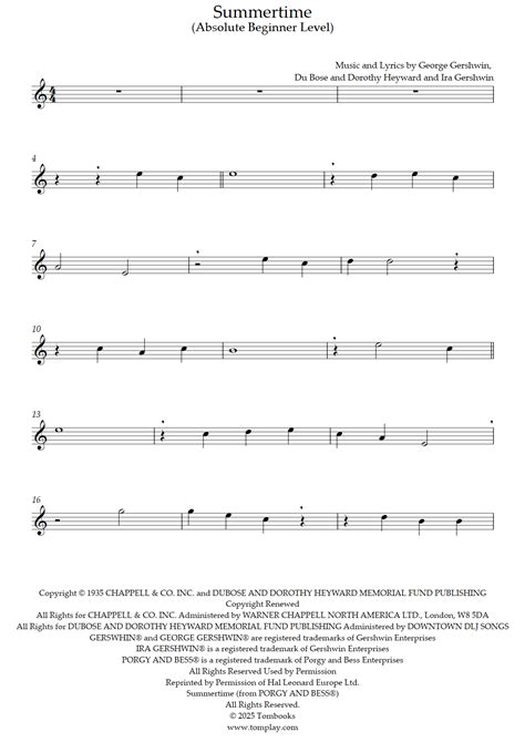 Summertime Absolute Beginner Level Ella Fitzgerald Flute Sheet Music