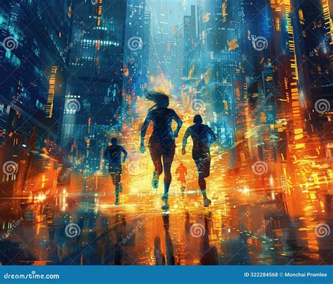 torch relay runners in a cityscape front view showing the journey digital binary as object