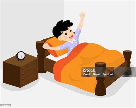 귀여운 소년 이나 아이 배경에 고립 된 아침 시간에 침대에서 일어나 평면 만화 스타일의 벡터 일러스트레이션입니다 감정에 대한 스톡 벡터 아트 및 기타 이미지 Istock