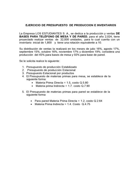 Laboratorio Ejemplo De Presupuesto De Produccion Pdf