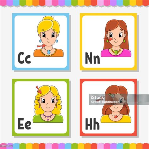 Alfabeto Inglese Lettere C N E H Abc Schede Flash Quadrate Personaggio Del Cartone Animato