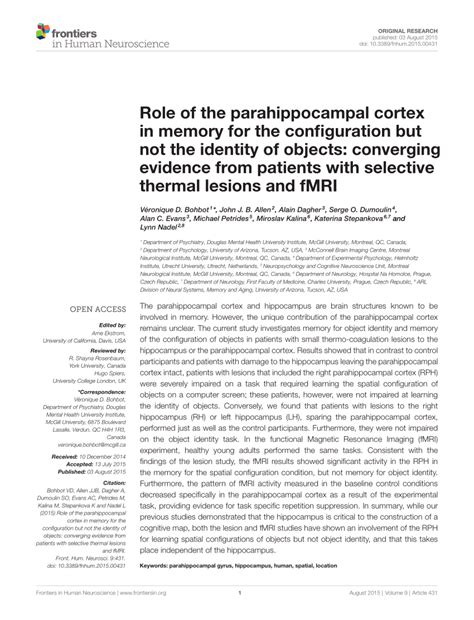 Pdf Role Of The Parahippocampal Cortex In Memory For The Configuration But Not The Identity Of
