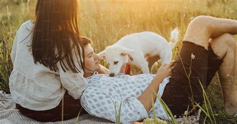 하얀 강아지와 함께 세련된 아름다운 커플은 여름 초원의 잔디 사이에서 따뜻한 햇살이 내리쬐는 빛 속에서 담요 위에서 휴식을