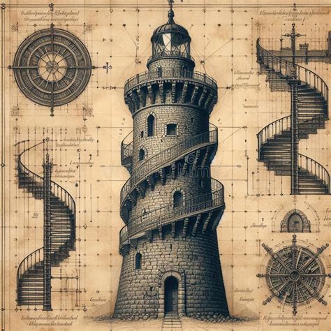 Medieval Lighthouse Blueprint With Spiral Staircase Stock Illustration
