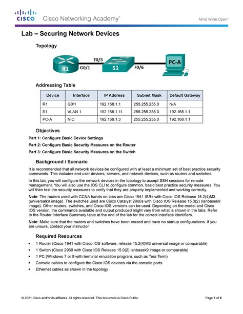 11248 Lab Securing Network Devices Topology Addressing Table Device Interface Ip Address