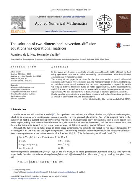 Pdf The Solution Of Two Dimensional Advection Diffusion Equations Via Operational Matrices