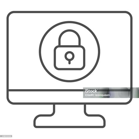 잠금 얇은 선 아이콘 데이터 보호 개념이 있는 모니터 벡터 그래픽 디스플레이 흰색 배경에 잠긴 화면 기호가 있는 바탕 화면