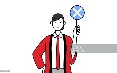 빨간 해피 코트를 입은 여자가 오답을 나타내는 X가 적힌 플래카드를 들고 있다 고용과 노동에 대한 스톡 벡터 아트 및 기타