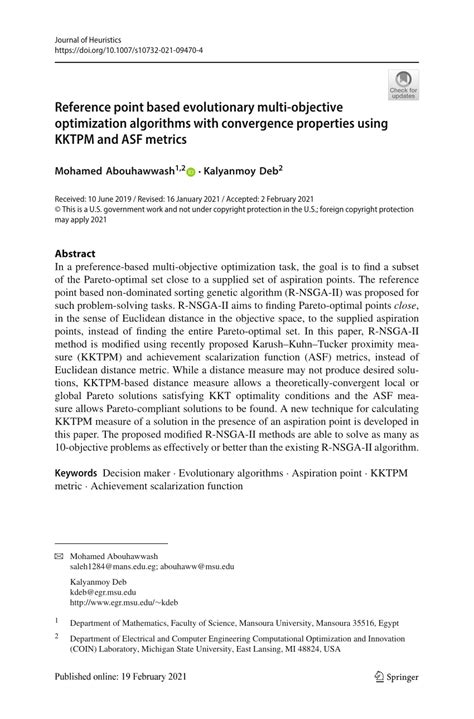 Pdf Reference Point Based Evolutionary Multi Objective Optimization Algorithms With