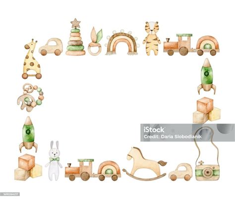 어린이 나무 장난감 신생아 젖니 장난감 흔들 목마 로켓 무지개의 직사각형 프레임 수채화 에코 아기 장난감 보육원 장식 카드 초대장 베이비 샤워 태그 인쇄를 위한 손으로 그린