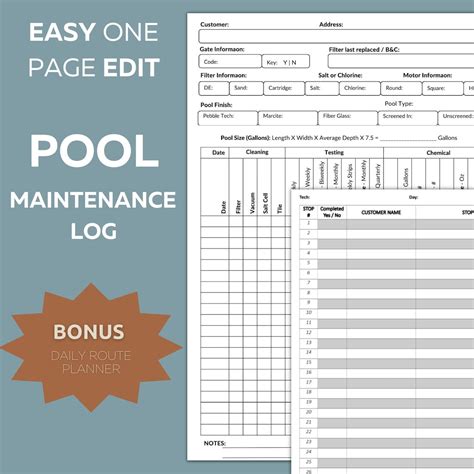 Pool Maintenance Log Pool Cleaning Checklist Daily Route Planner