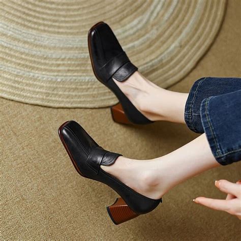 Chicdear Fall Shoes Genuine Leather Woman Shoes Square Toe Chunky Heel
