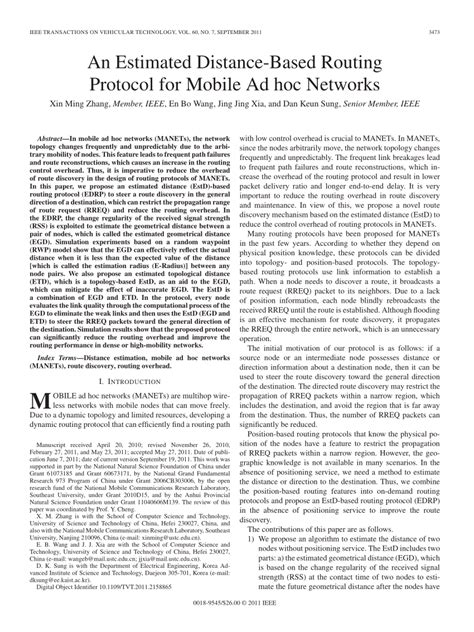 Pdf An Estimated Distance Based Routing Protocol For Mobile Ad Hoc Networks