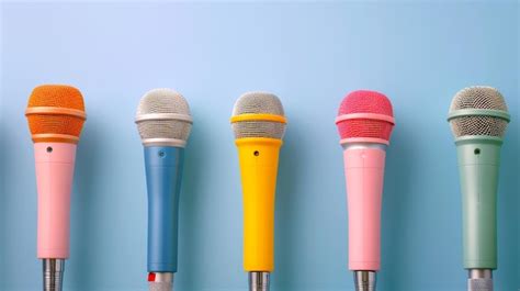 Colorful Microphones On Blue Background Premium Ai Generated Image