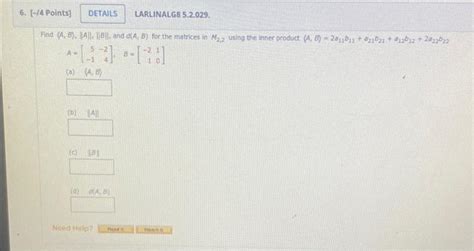 Solved Find U V ∥u∥ ∥v∥ And D U V For The Given Inner