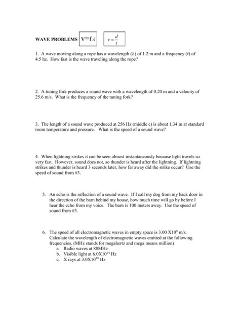 Wave Problems Worksheet Speed Frequency Wavelength