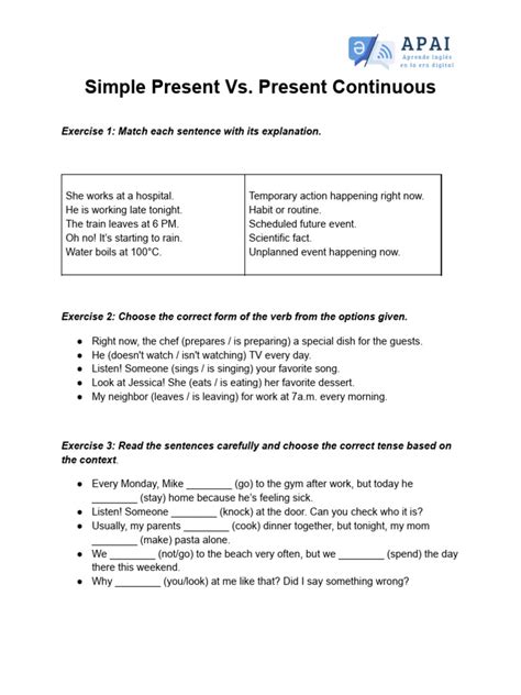 Ejercicios De Presente Simple Y Continuo En Ingles Pdf Pdf Grammar
